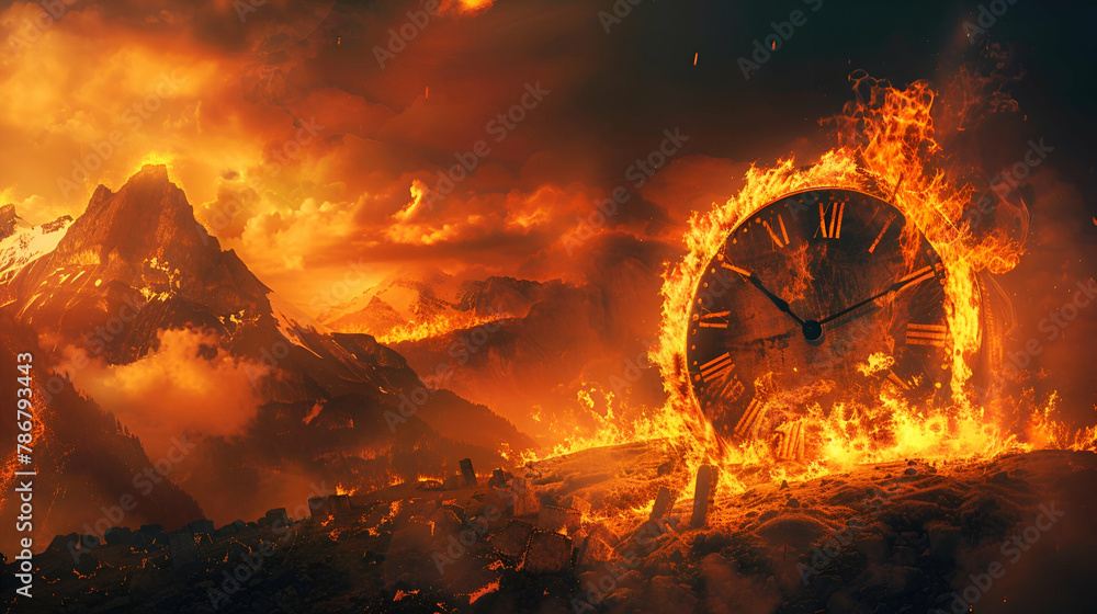 Apocalyptic Time: Fiery Clock amidst Cataclysmic Landscape, Dramatic ...