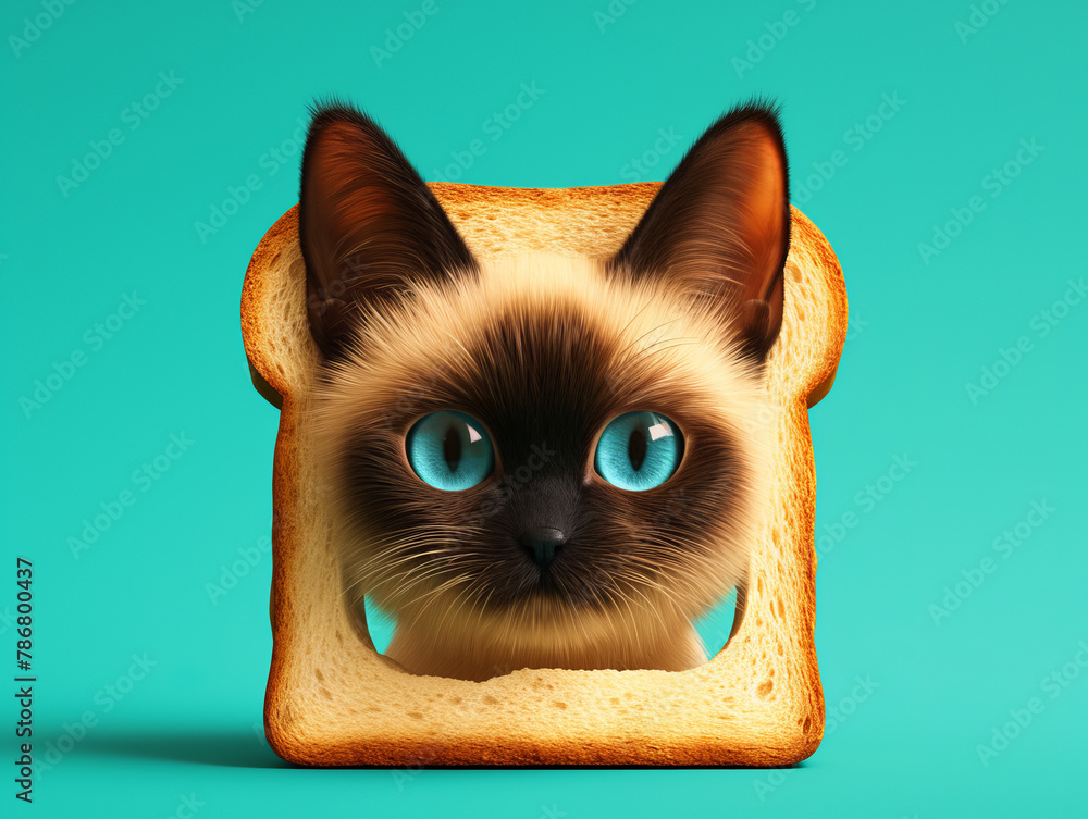 A cute cat's face is in a slice of bread. The cat has blue eyes and ...