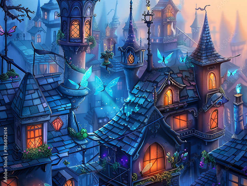 A digital painting of a fantasy city with blue rooftops and fairies ...