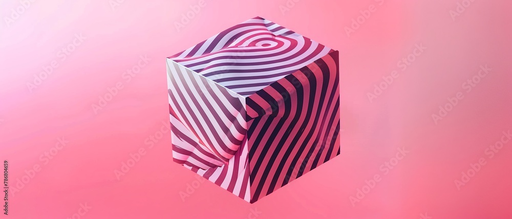 A cube designed with optical illusion patterns, floating over a pink ...