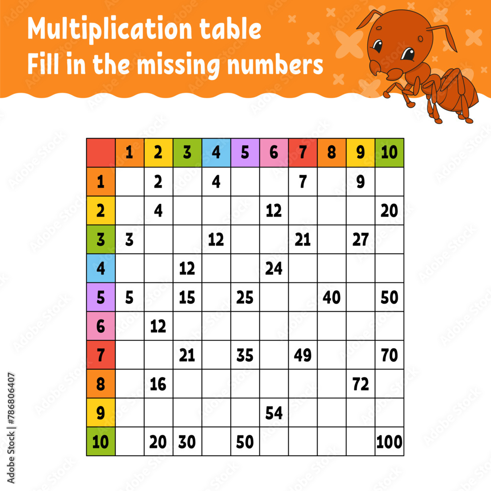 Paste the missing numbers. Learning multiplication table. Handwriting ...