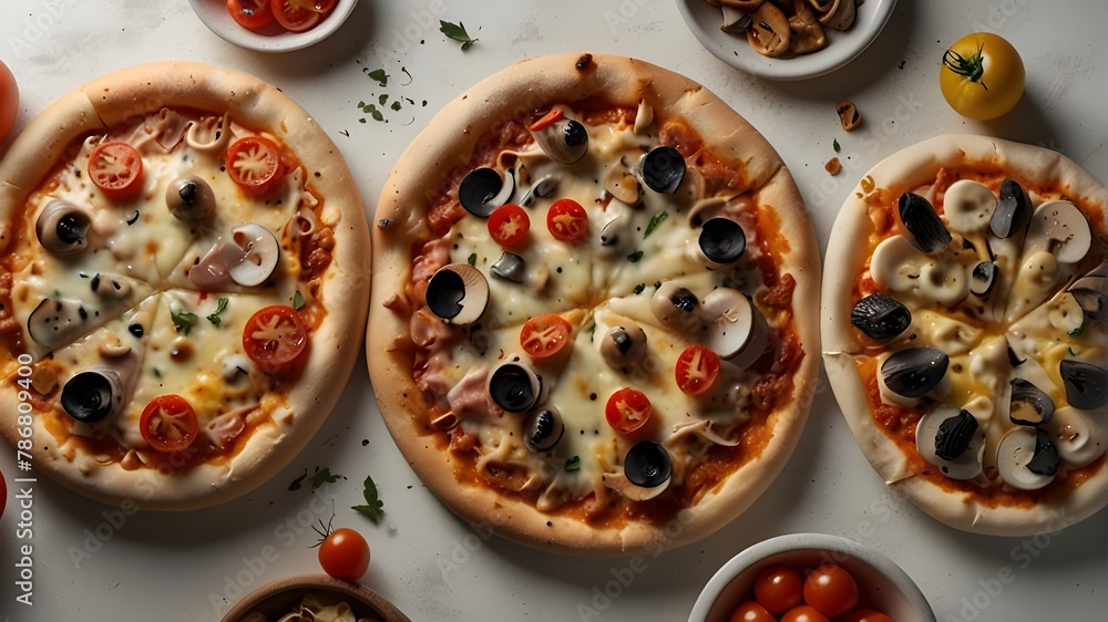 assortment of delicious hot pizzas. Italian food, menu items, and ...