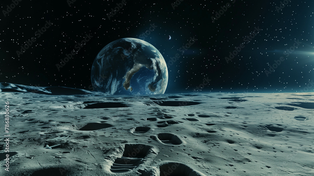 A view of the Earth from the moon surface with footprints and a space ...