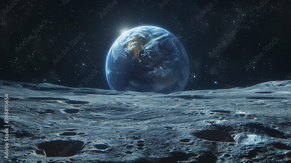 A view of the Earth from the moon surface with footprints and a space ...