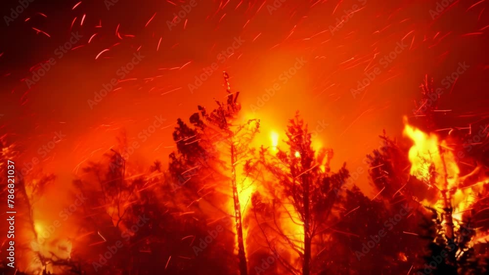 Against the night sky, raging red flames flicker intensely. Countless ...