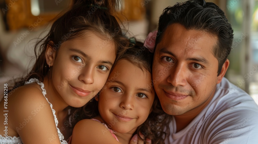 A man and two little girls are striking a pose for a family portrait ...