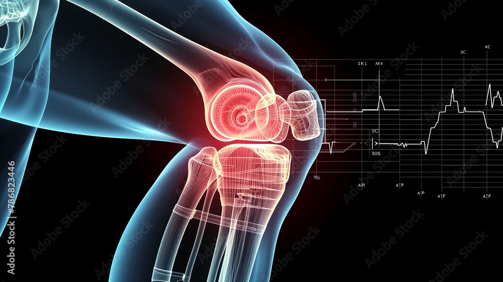 llustration of ACL pain, highlighted in red on the Knee area, on black ...