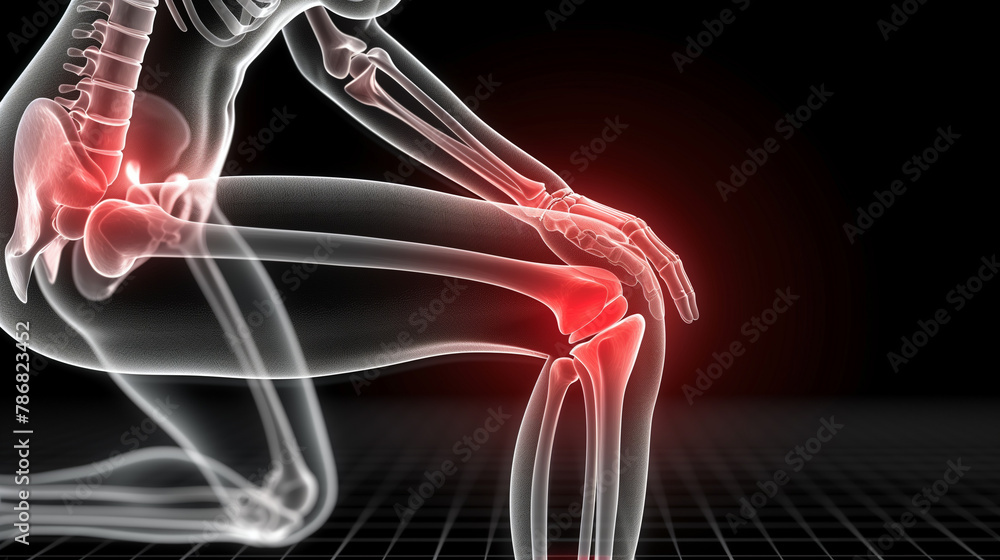 llustration of ACL pain, highlighted in red on the Knee area, on black ...