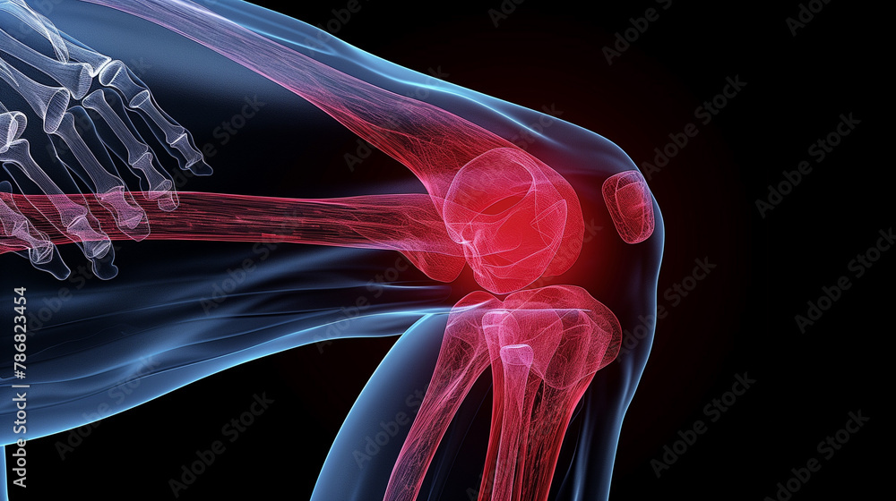 llustration of ACL pain, highlighted in red on the Knee area, on black ...