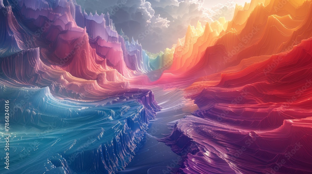 Picture a vibrant 3D landscape, where waves of colors flow seamlessly ...