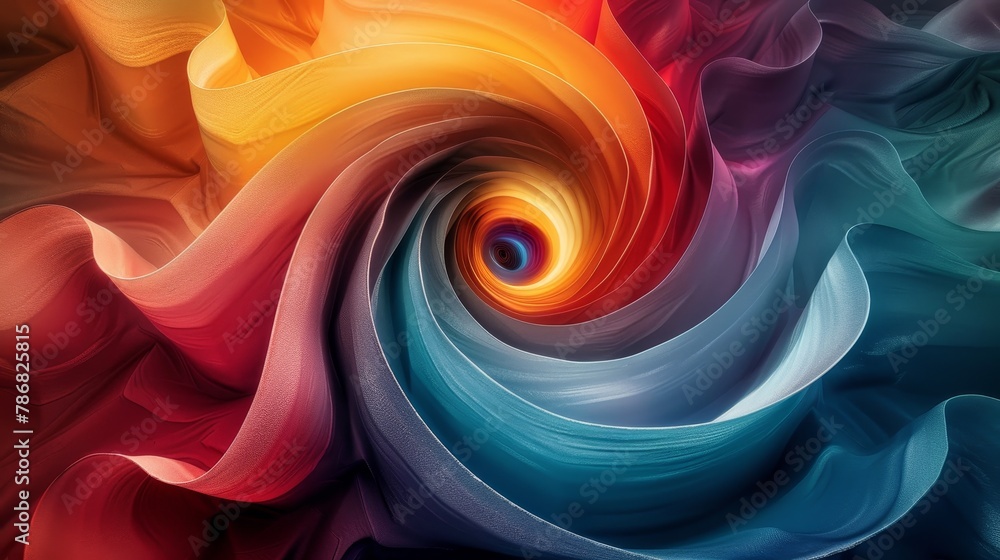 Picture a 3D art piece where a spectrum of colors spirals and expands ...