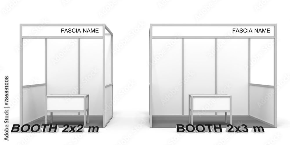 3d illustration stand booth size 2x2 m and 2x3 m with table and blank ...