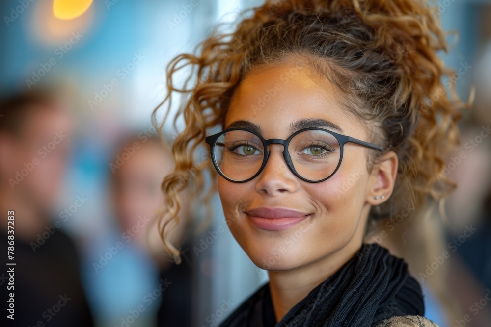 Radiant young student with curly hair and glasses smiling in a ...