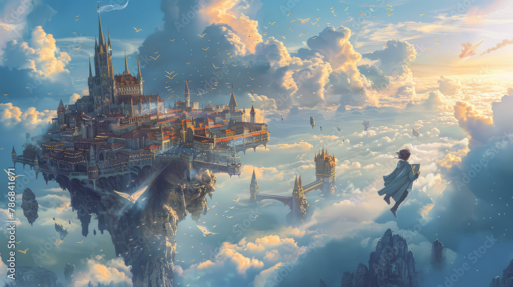 A celestial library, its shelves of books floating along a pathway ...