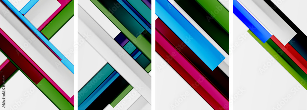 A visually striking collage featuring four colored lines in violet ...