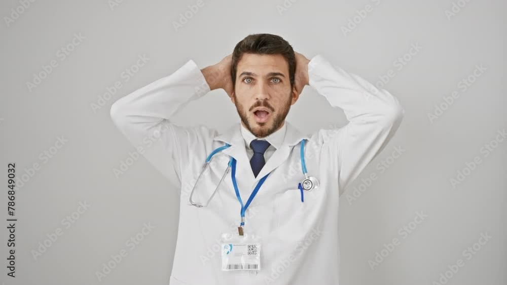 Stunned young hispanic doctor, hands clutched to head, wearing ...