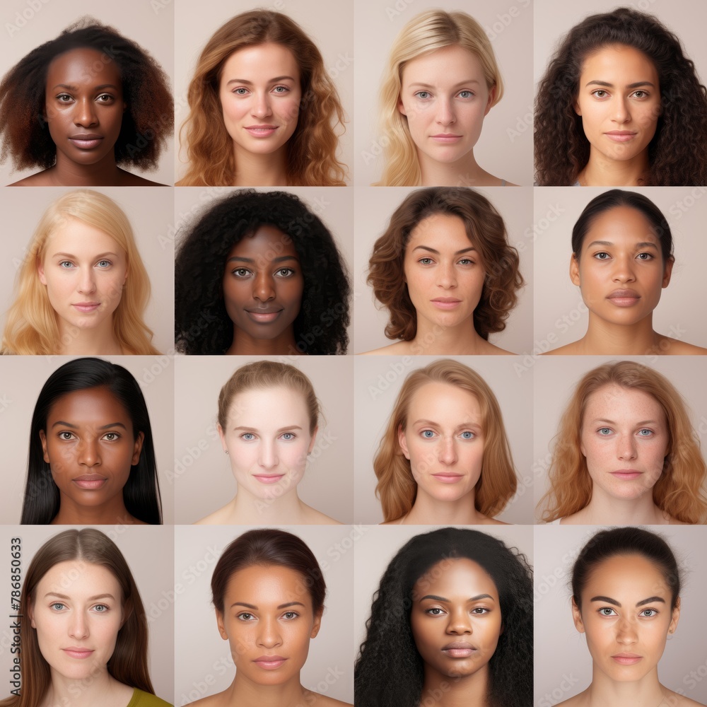 A series of female portraits of different skin color. Collage of black ...