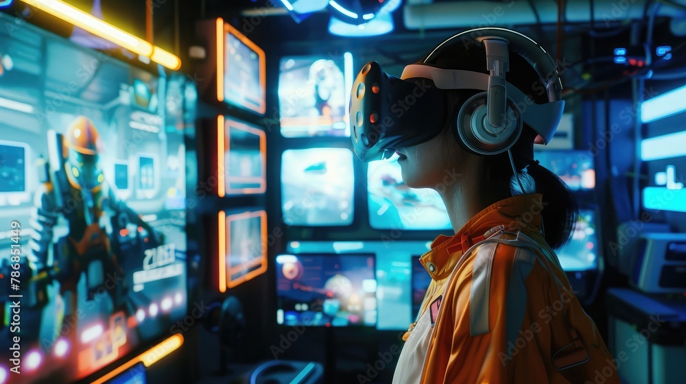 An immersive virtual reality gaming experience, with players donning ...