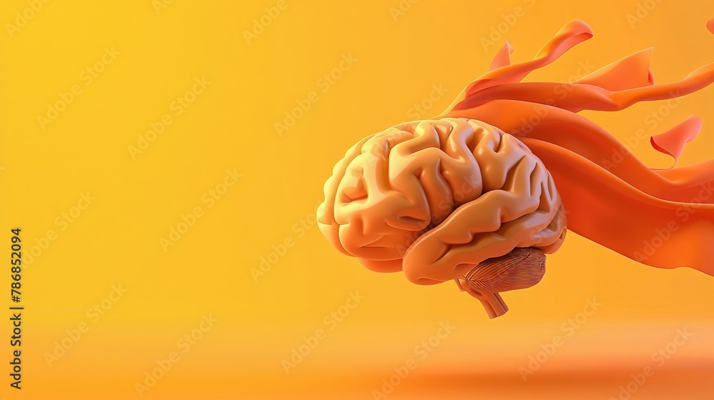 Cartoonstyle 3D brain with superhero cape, flying against a vibrant ...