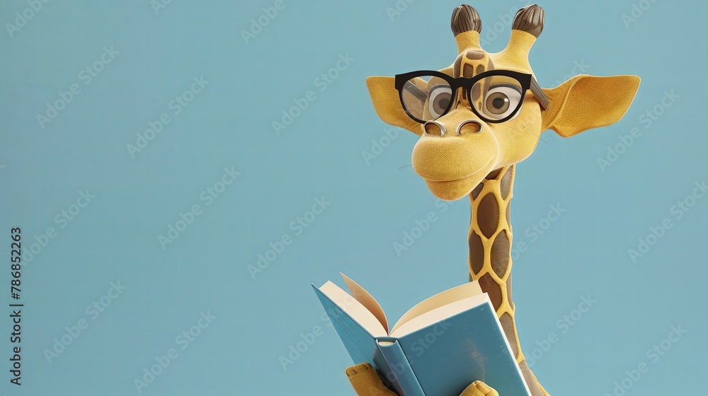 Giraffe teacher, 3D cute, with glasses and book, isolated, side view ...