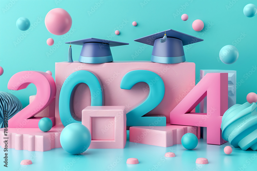 Graduation greeting 2024 3D design. 2024 numbers with graduate caps on ...