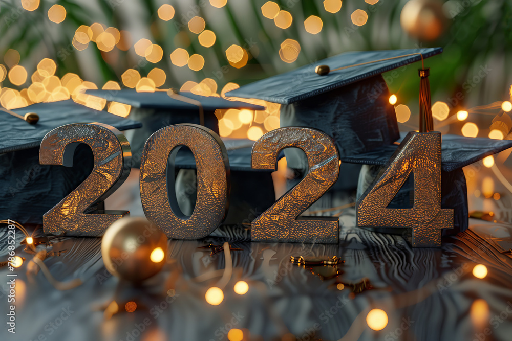 Graduation greeting 2024 design. 2024 golden numbers with graduate caps ...