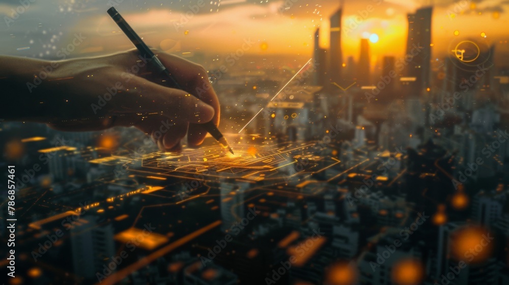 A hand wielding a pen sketches both a drawing and the city's ...