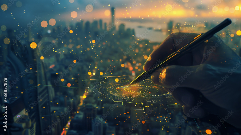 A hand wielding a pen sketches both a drawing and the city's ...