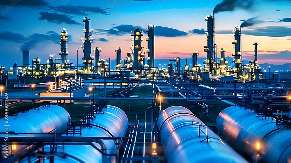 In the petrochemical industry, the oil refinery, plant, and distillation tower columns stand ...