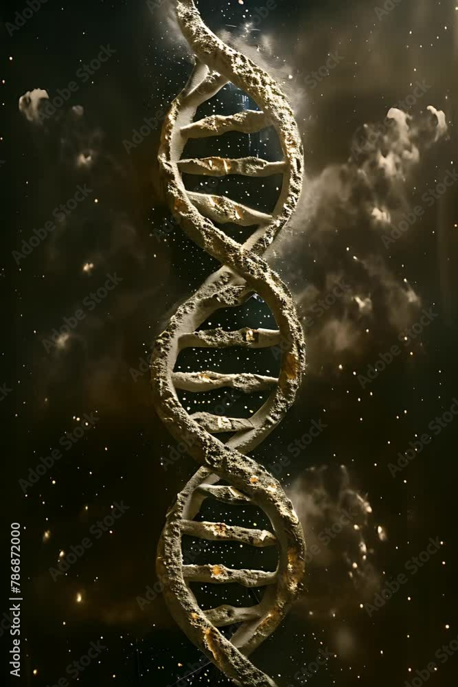 Sand drawing of long and realistic dna double helix. Make it very detailed with three twists ...