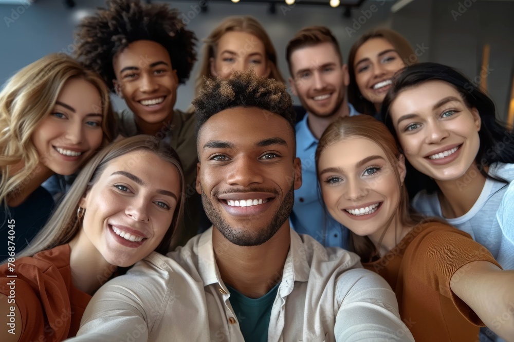 Multicultural happy people taking group selfie portrait in the office ...
