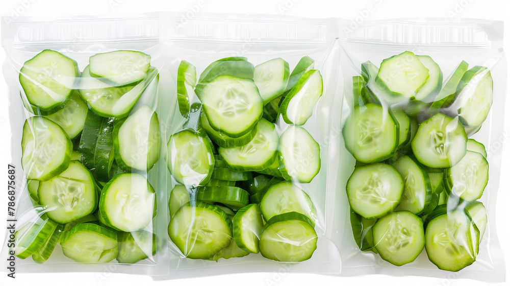Three vacuum-sealed bags filled with freshly sliced cucumbers are ...