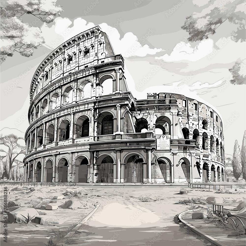 Colosseum hand-drawn comic illustration. Colosseum. Vector doodle style ...