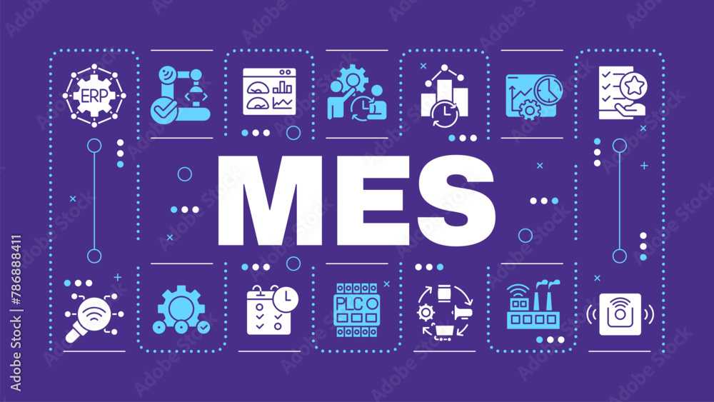 MES purple word concept. Manufacturing control system. Factory ...