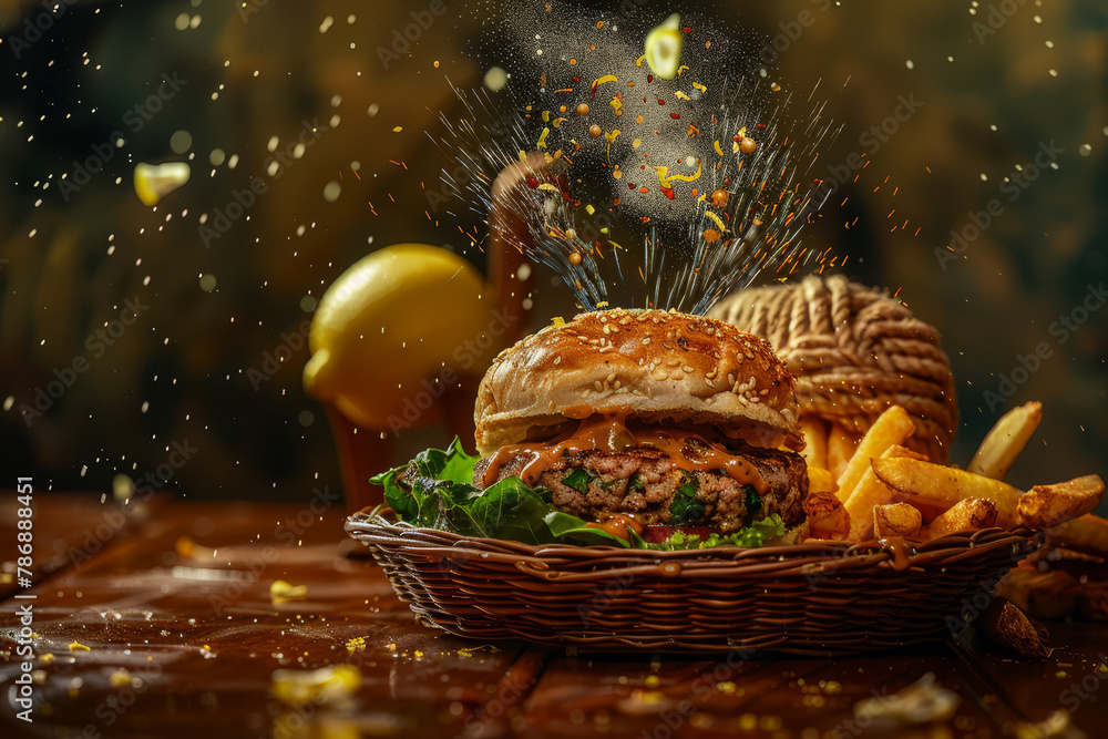 An explosion of flavor is captured as a juicy burger with vibrant ...