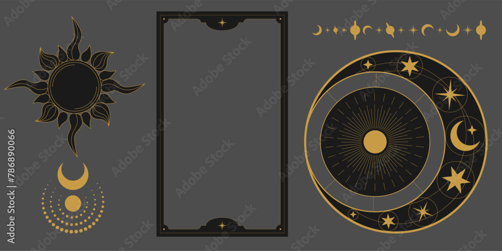 Vector mystic celestial set a with golden outline sun, stars, crescents ...
