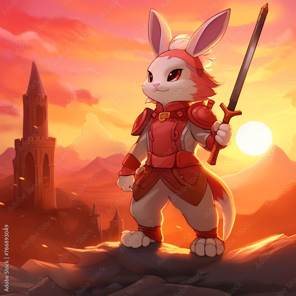 Heroic rabbit knight, slain red dragon, castle background, sunset glow ...