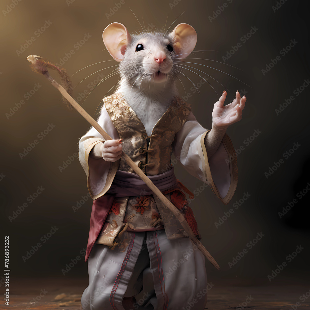 Realistic, full body, rat, in human form, wearing traditional Thai ...