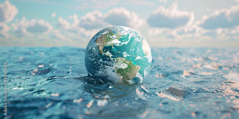 Water, planet and climate change with the earth in a puddle as a symbol ...