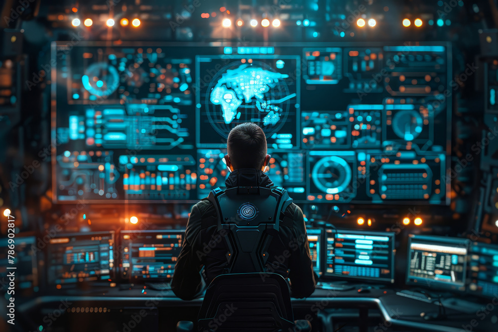 Back view of an individual overseeing an array of surveillance screens ...