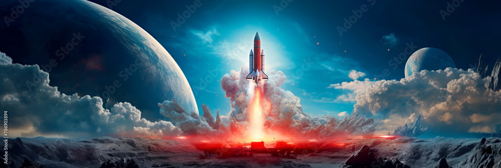 rocket starting its space exploration mission, with the starry sky as a ...