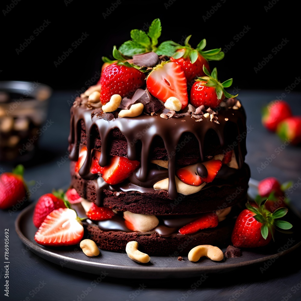 Chocolate garnish cake with strawberry, mirror glass cake with ...