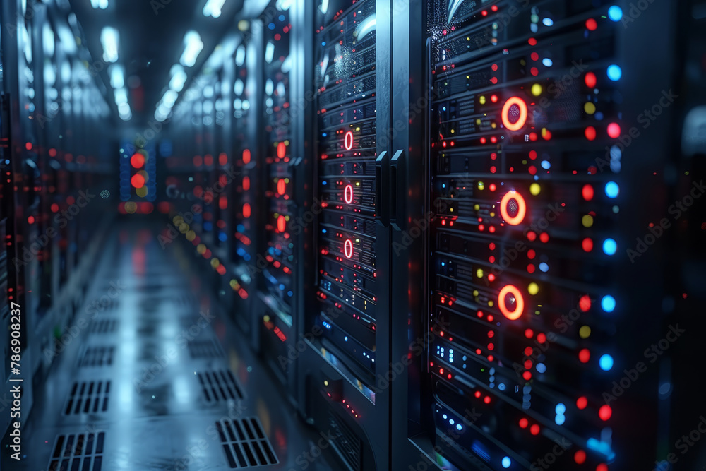 Perspective view inside a modern data center server room with racks of ...