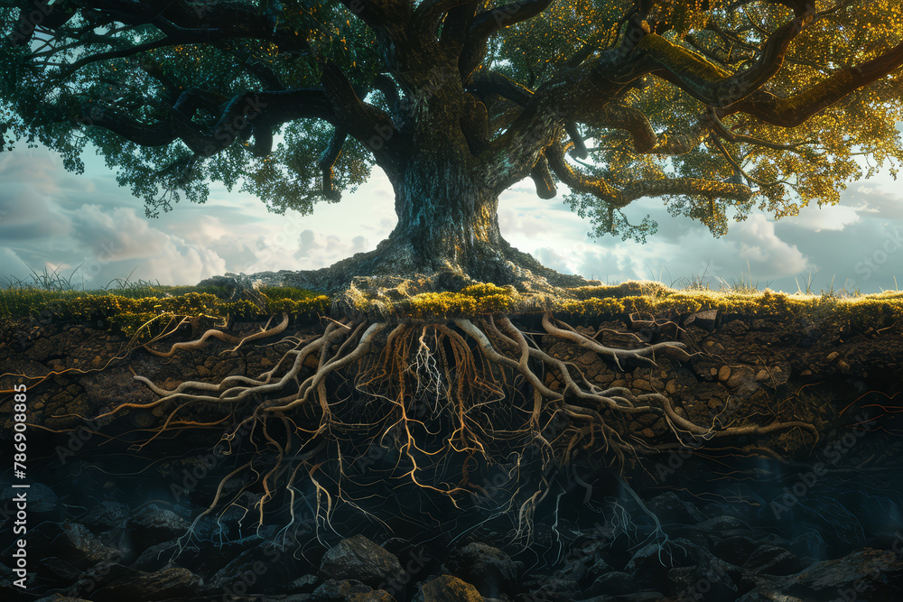 Cross-section illustration of a tree and its extensive root system ...