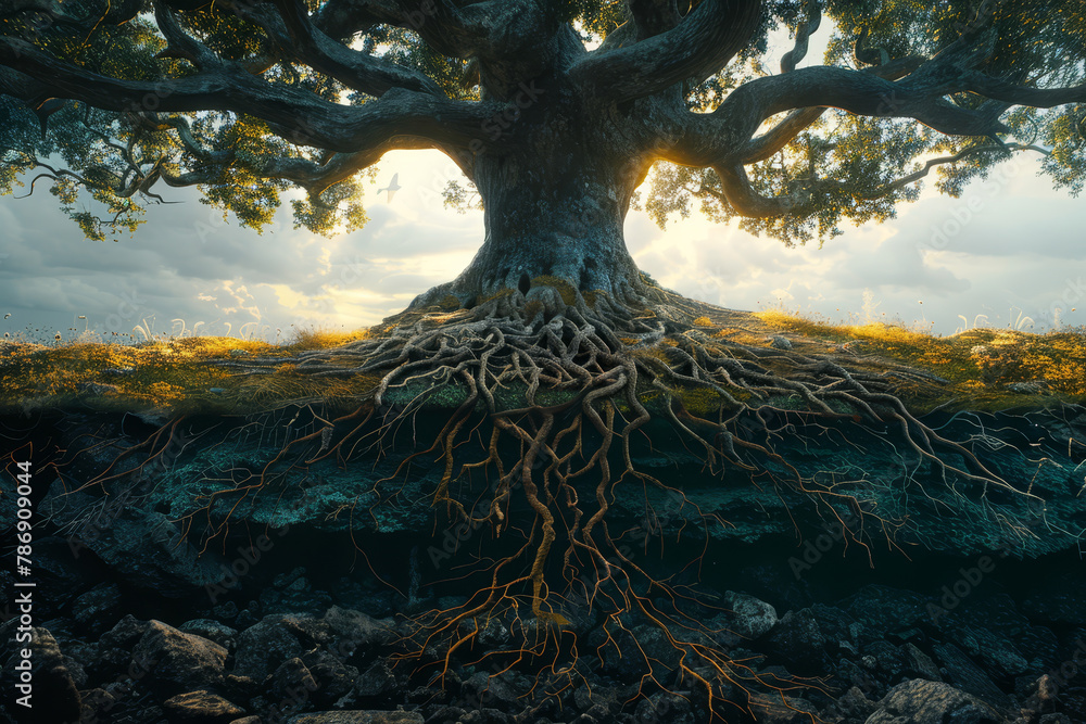 Cross-section illustration of a tree and its extensive root system ...