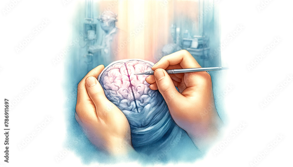 Digital artwork of a brain surgery, a human with a scalpel poised to ...