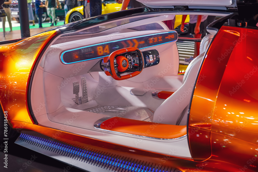 Orange Mercedes New Vision one - eleven model. Salon interior seats and ...