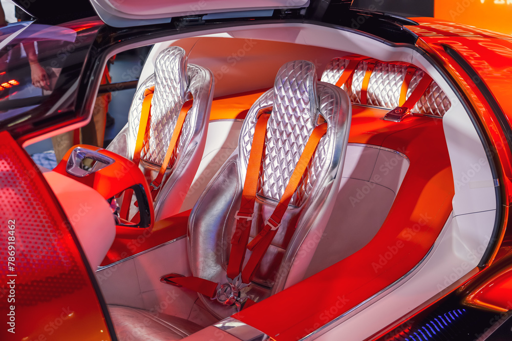 Orange Mercedes New Vision one - eleven model. Salon interior seats and ...