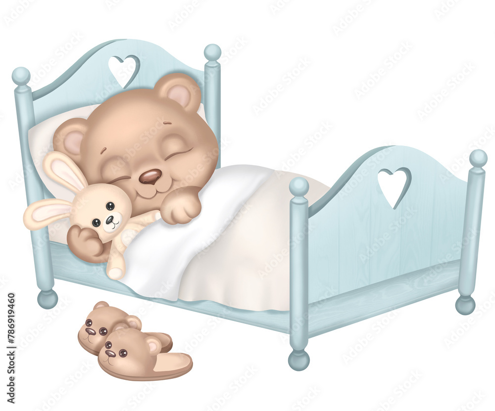 Cute baby bear sleeping in bed. Little teddy bear boy hugging rabbit ...