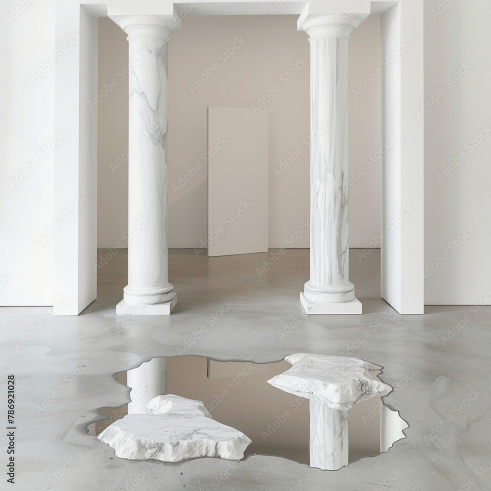 two hexagon white marble columns framing a minimalist white doorway ...